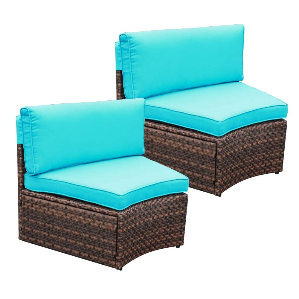 OC Orange-Casual 2-Piece Patio Armless Curved Sofa Seating Outdoor Wicker Half-Moon Sectional Chair with Turquoise Cushions