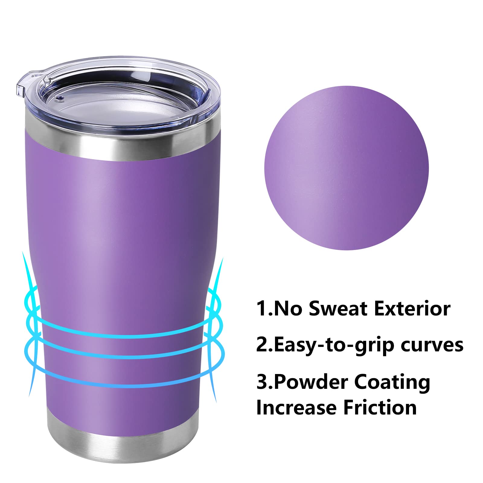 DOMICARE 20oz Tumbler with Lid Stainless Steel Tumblers Bulk, Double Wall Vacuum Insulated Coffee Travel Mug Powder Coated Tumbler, Purple