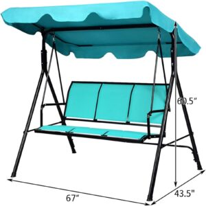 TANGKULA 3 Person Patio Swing, Steel Frame with Polyester Angle Adjustable Canopy, All Weather Resistant Swing Bench, Suitable for Patio, Garden, Poolside, Balcony (Turquoise)