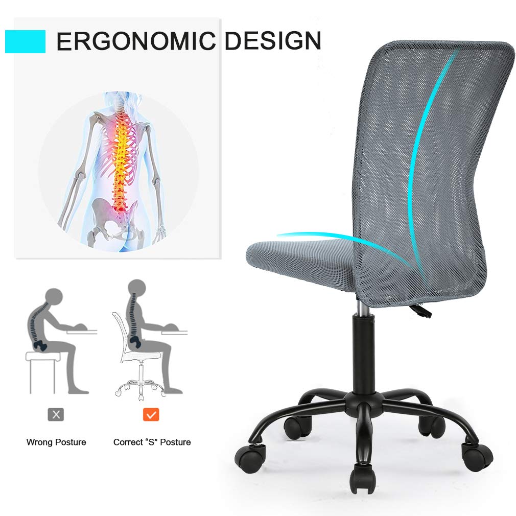 Ergonomic Office Chair Mesh Computer Chair Small Desk Chair Back Support Lumbar Support Modern Executive Adjustable Chair Mid Back Task Rolling Swivel Chair with Wheels Armless (Grey)