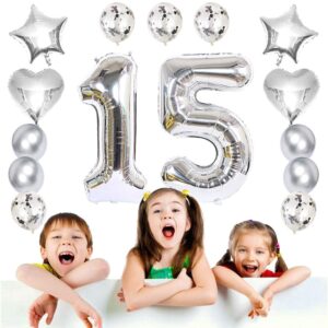 Ceqiny 40" 15th Number Balloon Mylar Balloon 18” Star Heart Foil Balloon 12” Sequins Latex Balloon for Birthday Party Wedding Bridal Shower Photo Shoot Anniversary Decor, Silver 15 Balloon Kit