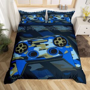 feelyou games comforter cover twin size,gamepad bedding set for boys,kids video games duvet cover set modern gamer console action buttons quilt cover teens bedroom decor camo navy blue 2 pcs