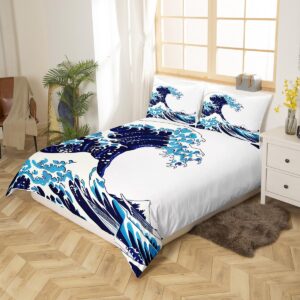 Erosebridal Sea Wave Duvet Cover Japanese Wave Comforter Cover Ocean Nautical Surf Bedding Japanese Ukiyoe Print Bedspread Cover, Soft Microfiber 1 Duvet Cover with 1 Pillow Case Twin Size