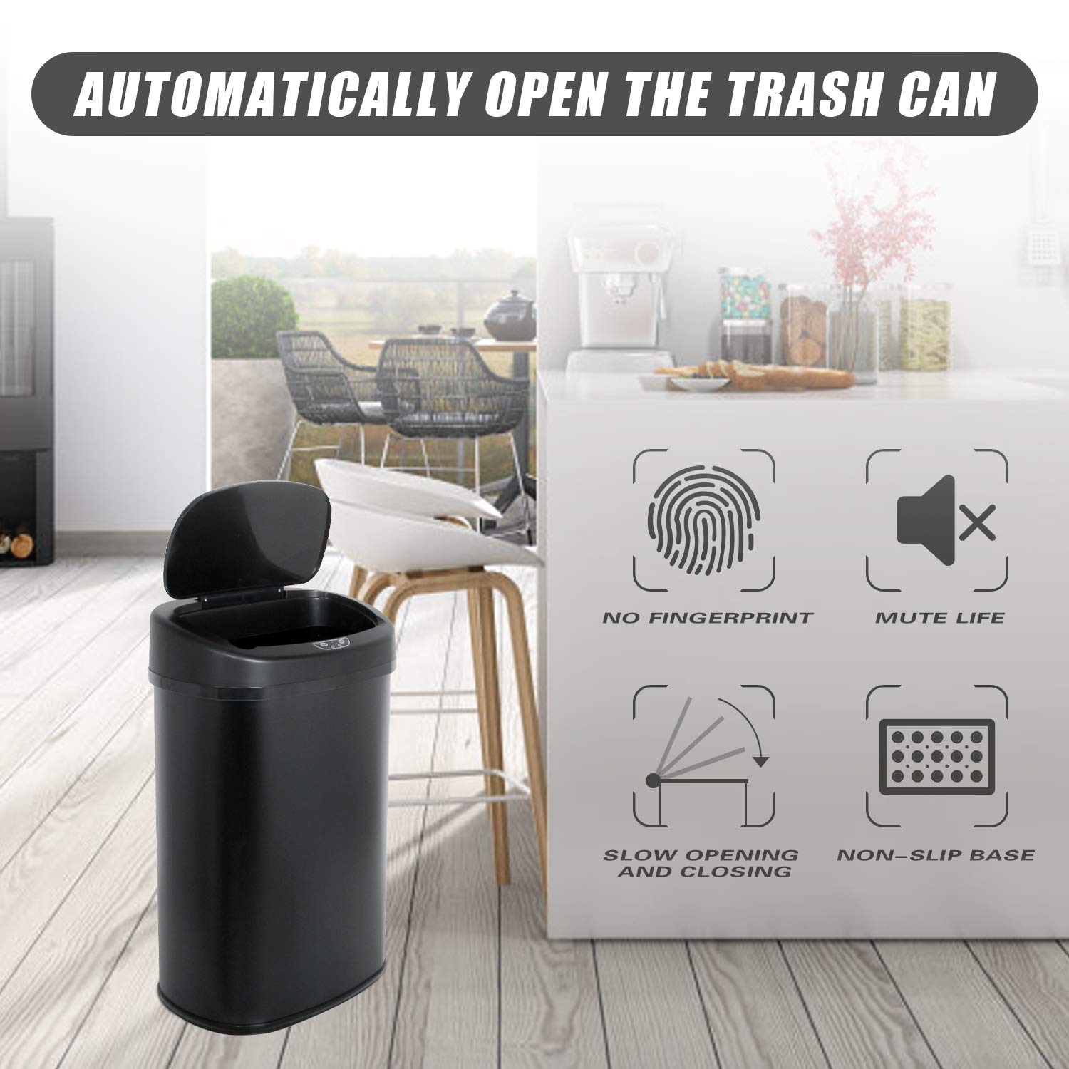 Vnewone Kitchen Trash Can Garbage 13 Gallon Waste Bin for Home Office Bedroom Stainless Steel Automatic Touch Free High-Capacity, 50 Liter (Black)