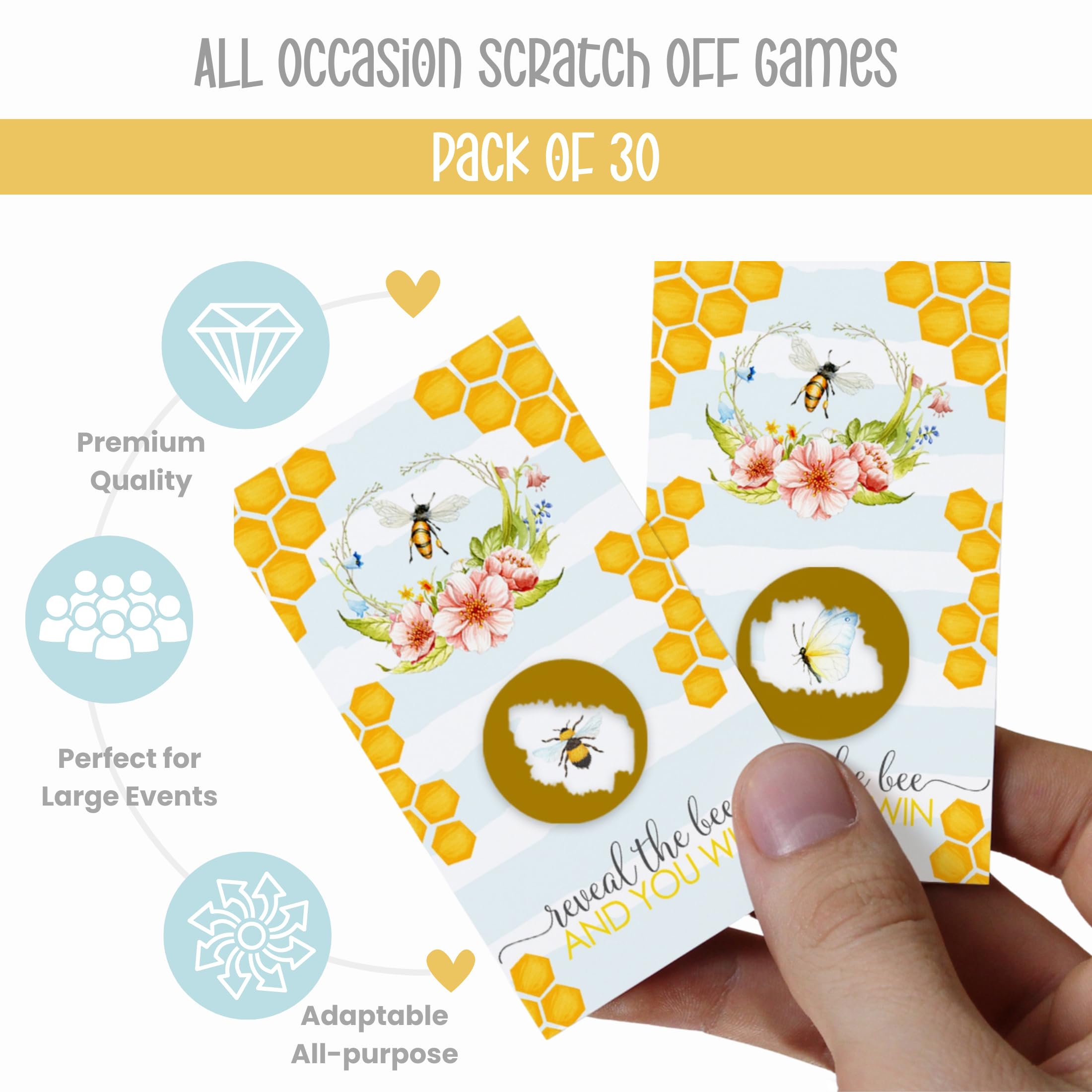 Bumblebee Scratch Off Game Cards (30 Pack) - Fun Bridal Shower Games, Modern Wedding Activities, Lottery Tickets for Door Prizes, Raffle Drawings, Instant Win Scratchers, Baby Shower Party Favors