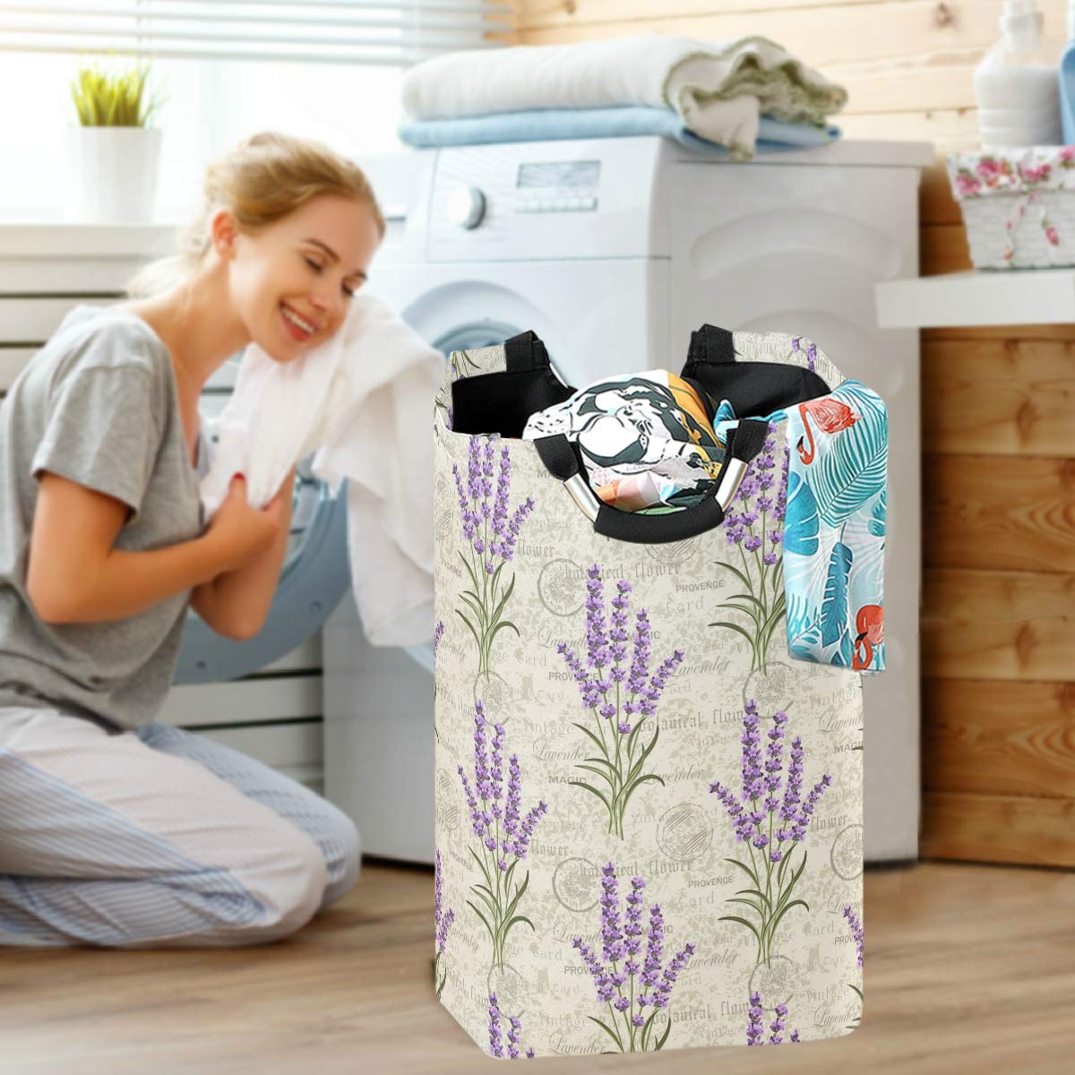 Retro Lavender Stamp Large Laundry Basket Spring Summer Flowers Collapsible Laundry Hamper with Handles Waterproof Clothes Washing Bin Dirty Baskets Storage for Home College Dorm Bathroom 50L