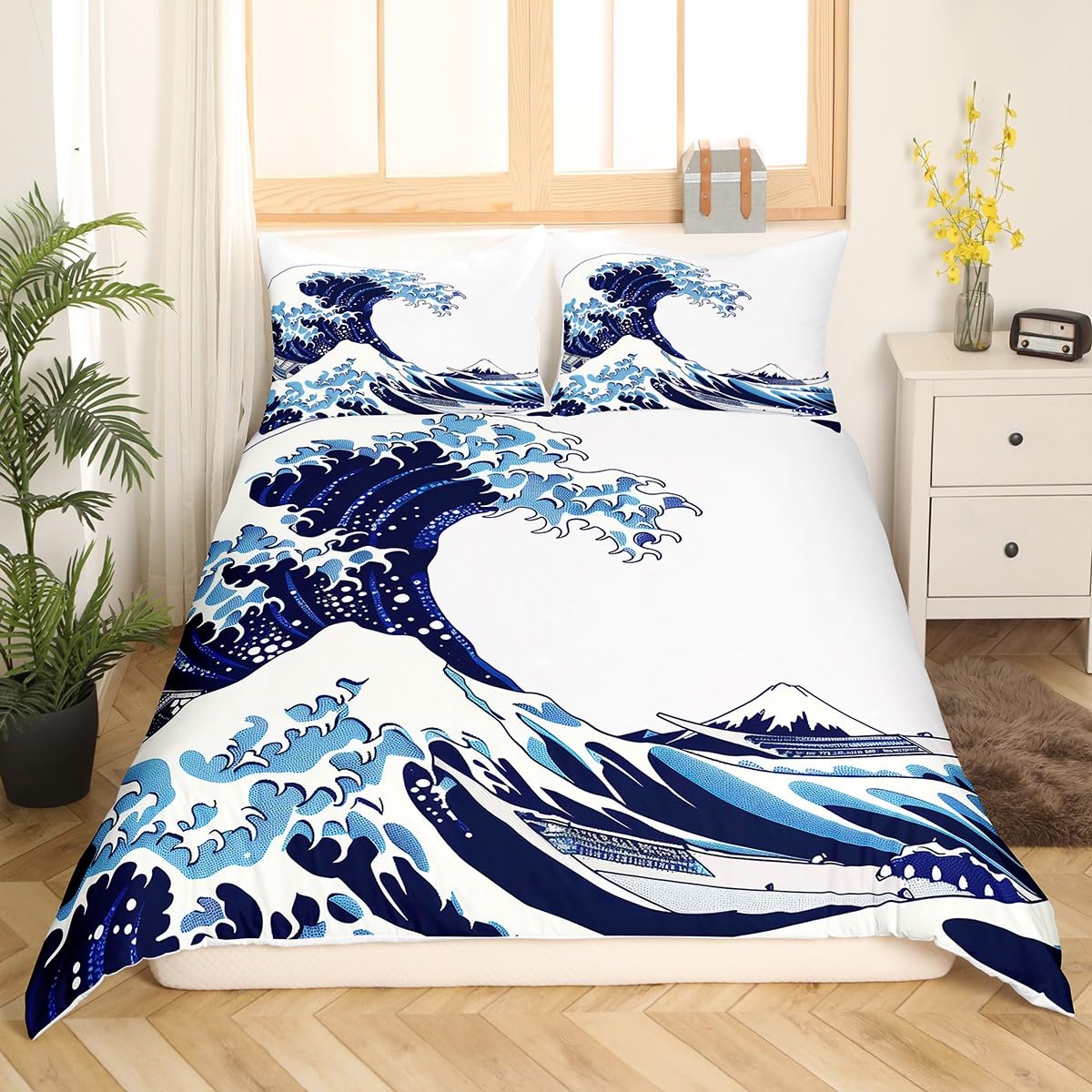 Erosebridal Sea Wave Duvet Cover Japanese Wave Comforter Cover Ocean Nautical Surf Bedding Japanese Ukiyoe Print Bedspread Cover, Soft Microfiber 1 Duvet Cover with 1 Pillow Case Twin Size