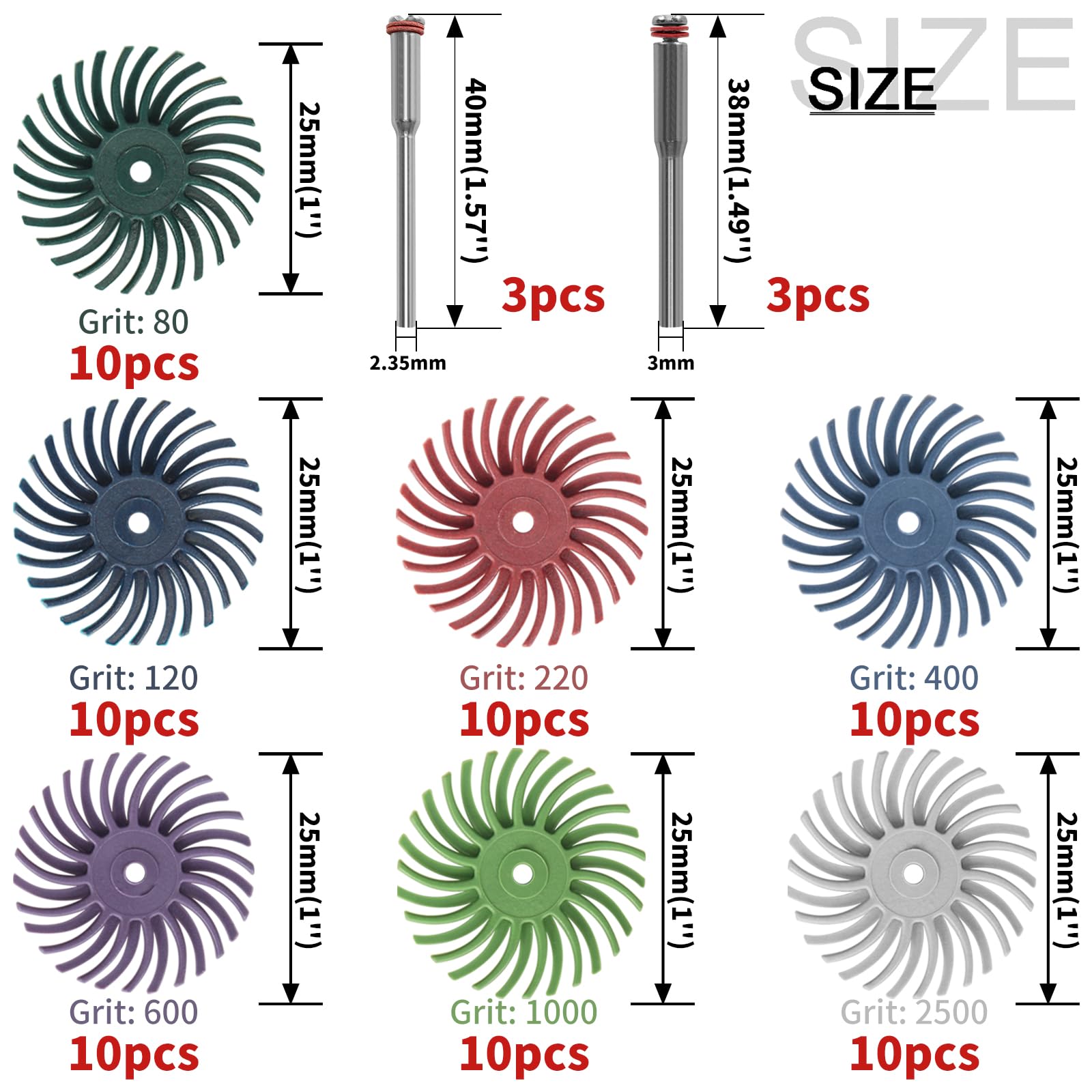 76Pcs 1 Inch Mini Radial Bristle Disc Mix Kit with 2.35mm/3mm Mandrels for Rotary Tools Accessories Cleaning Deburring Sanding, Grit 80/120/220/400/600/1000/2500 Abrasive Buffing Wheel Polishing Bits