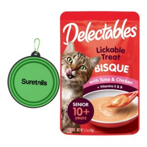 suretails delectables senior cat bisque, 1.4 oz - tuna & chicken flavor, creamy lickable treat with vitamins e & b, convenient single-serve pouches bundle silicon pet bowl [pack of 1]