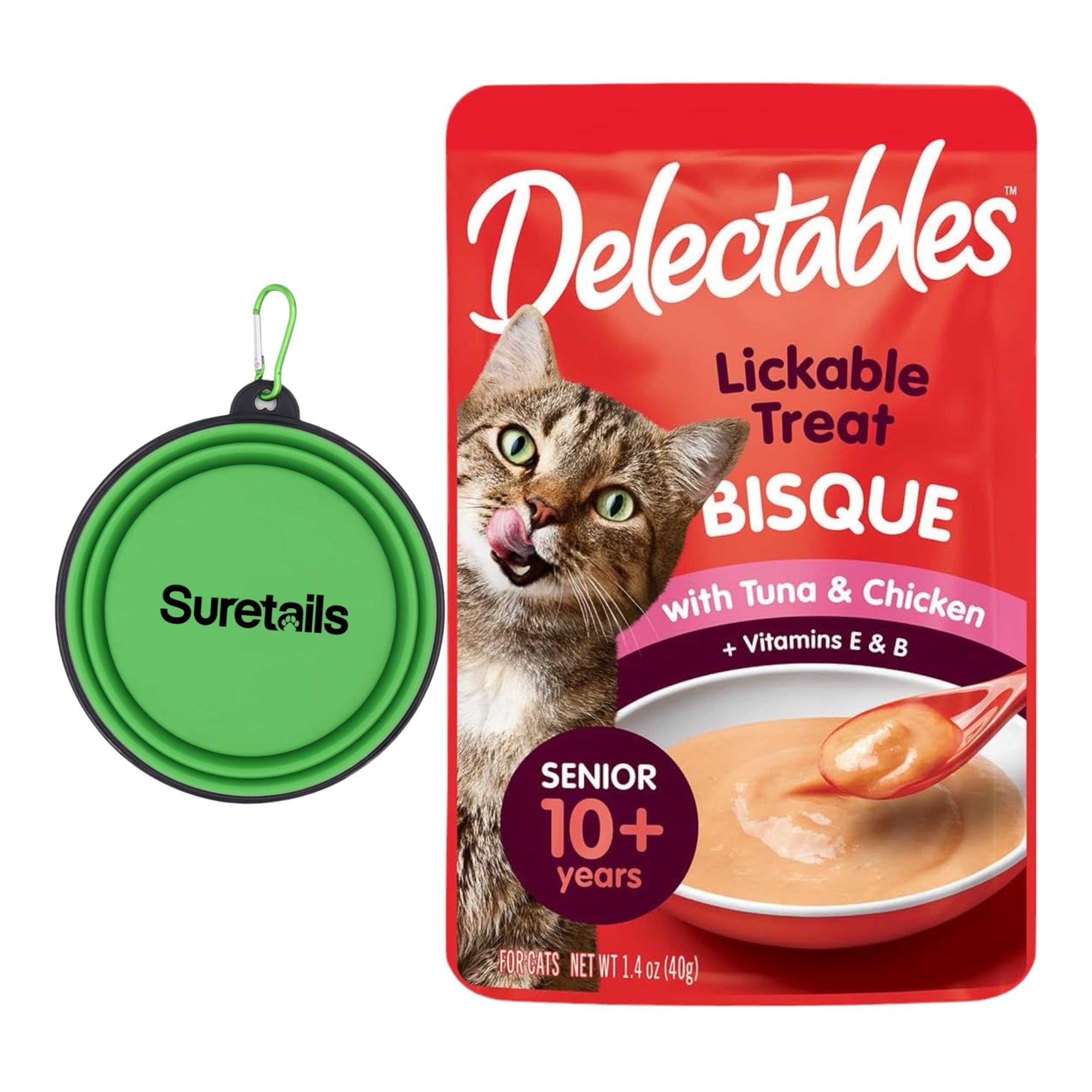 Suretails Delectables Senior Cat Bisque, 1.4 Oz - Tuna & Chicken Flavor, Creamy Lickable Treat with Vitamins E & B, Convenient Single-Serve Pouches Bundle Silicon Pet Bowl [Pack of 1]