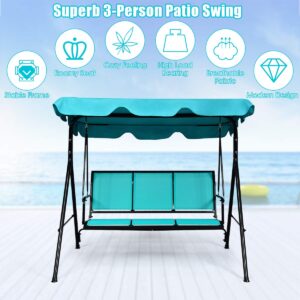 TANGKULA 3 Person Patio Swing, Steel Frame with Polyester Angle Adjustable Canopy, All Weather Resistant Swing Bench, Suitable for Patio, Garden, Poolside, Balcony (Turquoise)