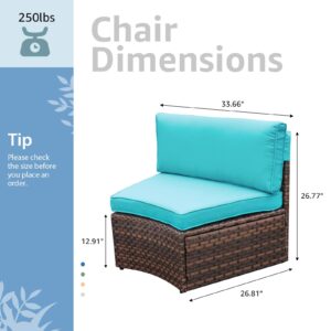 OC Orange-Casual 2-Piece Patio Armless Curved Sofa Seating Outdoor Wicker Half-Moon Sectional Chair with Turquoise Cushions