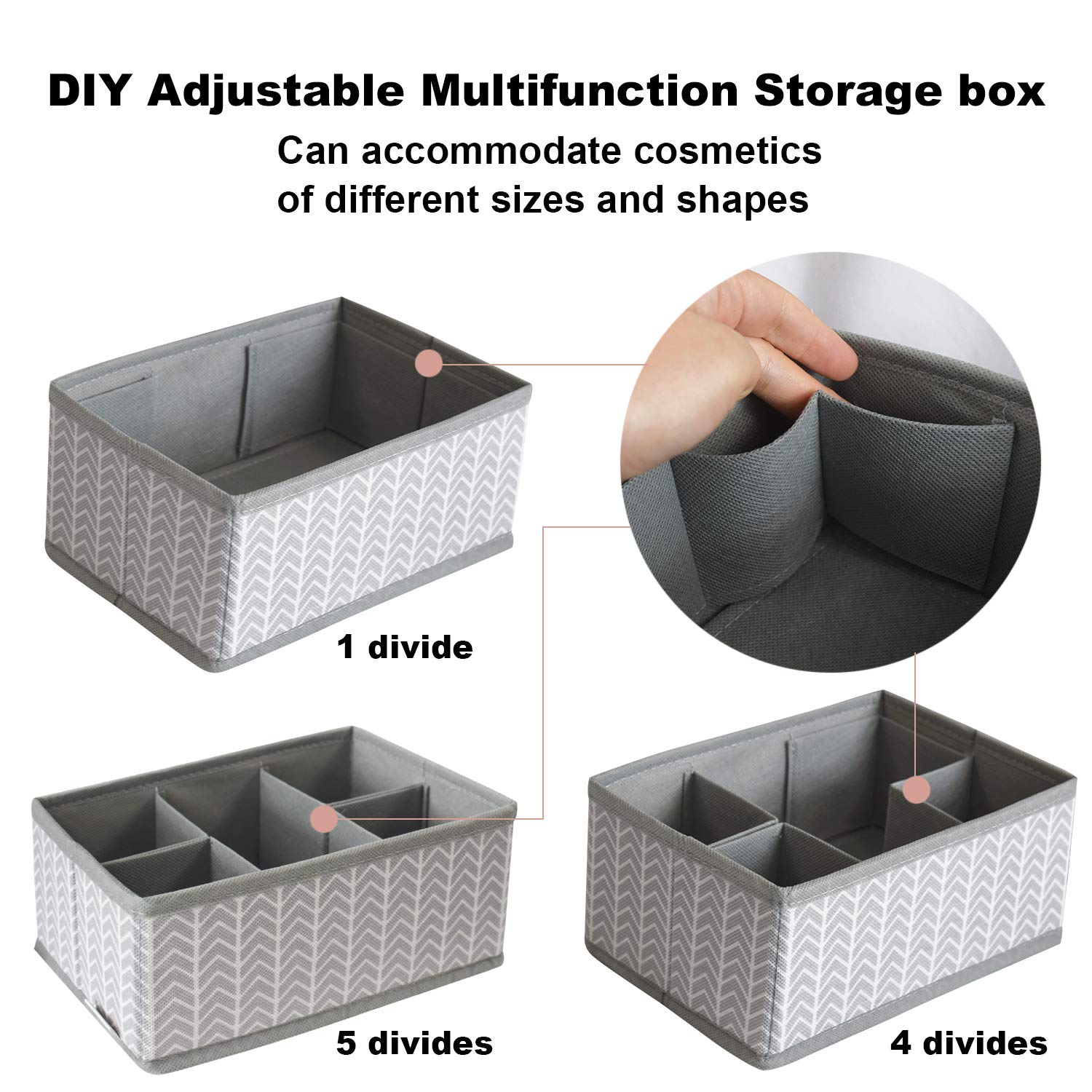 VERONLY Cosmetic Storage Bins Makeup Organizer, Adjustable Multifunction Storage Box Desk Drawer Divider for Makeup Brushes, Bathroom Countertop or Dresser, Set of 3 (Grey)