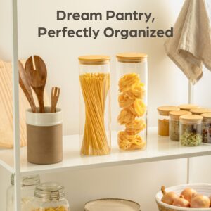 Praknu Pasta Containers Storage Jars 67oz - 2 Food Glass Jars with Bamboo Lids - Airtight Glass Spaghetti Container - Tall Glass Jar