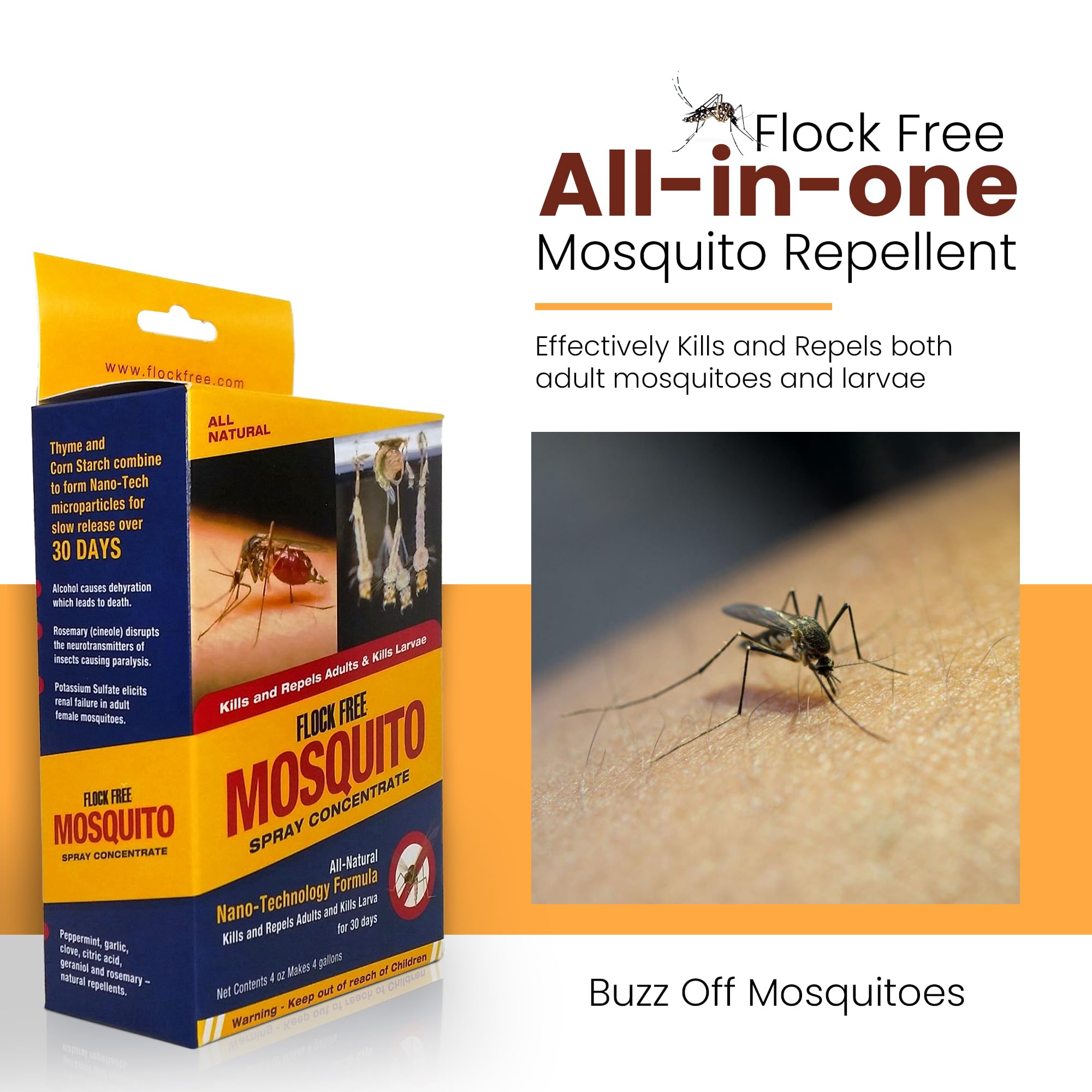 Flock Free Natural Mosquito Control Spray Concentrate, Repels Mosquitoes, Ticks, Fleas, Flies, Gnats, and Chiggers Away. Makes up to 4 Gallons! (4oz Concentrate)