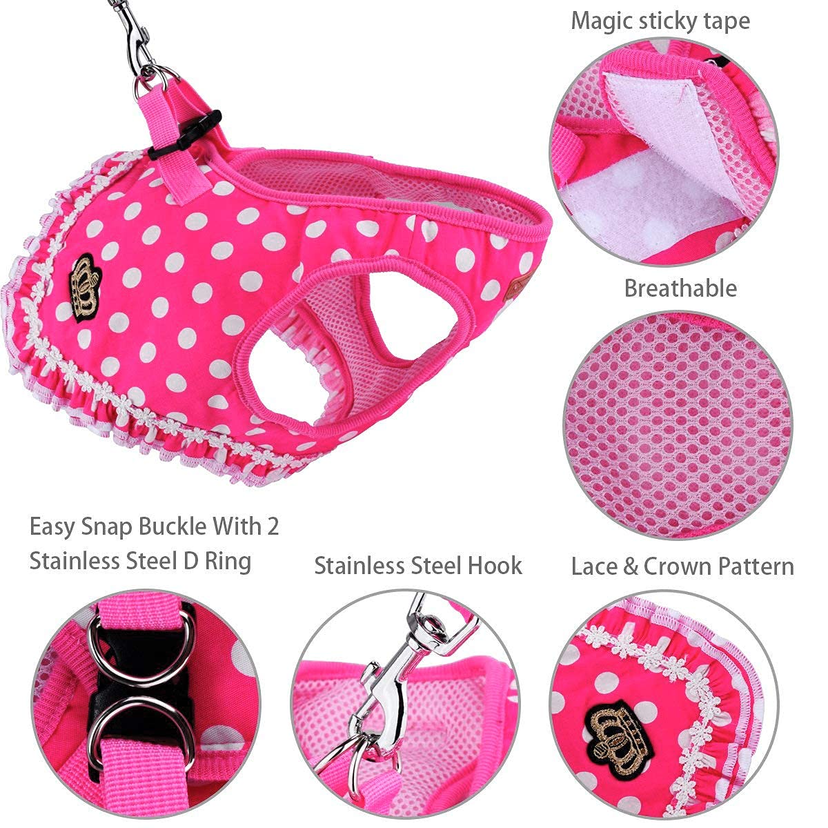 BARKLESS Cute Small Dog Harness, Ladies Polka Dots Dog Vest Harness Set with Pink Leash and Bowknot Collar, 3 in 1 Girl Style Vest Harness Set for Puppy and Cat (XL, Pink)