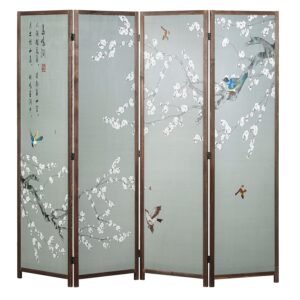 mygift 4-panel asian-inspired folding room divider with cherry blossom tree & bird design poetry calligraphy and brown wooden frame