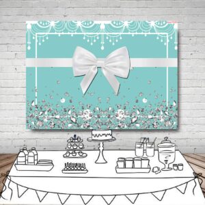 Sensfun Breakfast Blue Sweet 16 Birthday Backdrop Diamonds Bowknot Bridal Breakfast Party Photography Background for Women Girl Teal Turquoise Birthday Baby Shower Decorations Photo Booth Banner 7x5ft