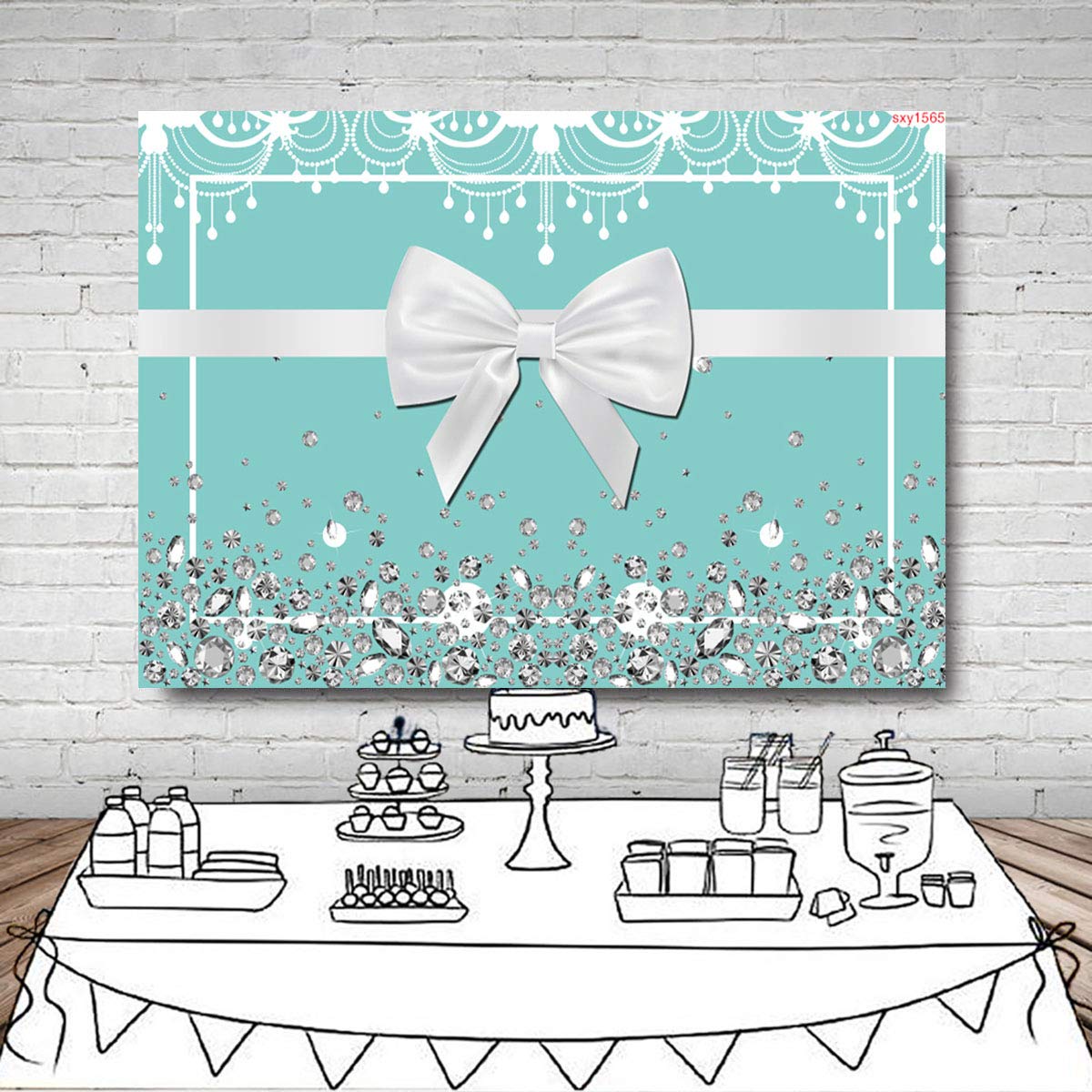 Sensfun Breakfast Blue Sweet 16 Birthday Backdrop Diamonds Bowknot Bridal Breakfast Party Photography Background for Women Girl Teal Turquoise Birthday Baby Shower Decorations Photo Booth Banner 7x5ft