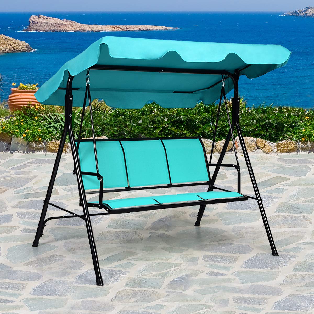 TANGKULA 3 Person Patio Swing, Steel Frame with Polyester Angle Adjustable Canopy, All Weather Resistant Swing Bench, Suitable for Patio, Garden, Poolside, Balcony (Turquoise)