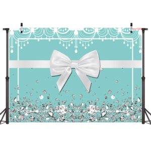 Sensfun Breakfast Blue Sweet 16 Birthday Backdrop Diamonds Bowknot Bridal Breakfast Party Photography Background for Women Girl Teal Turquoise Birthday Baby Shower Decorations Photo Booth Banner 7x5ft