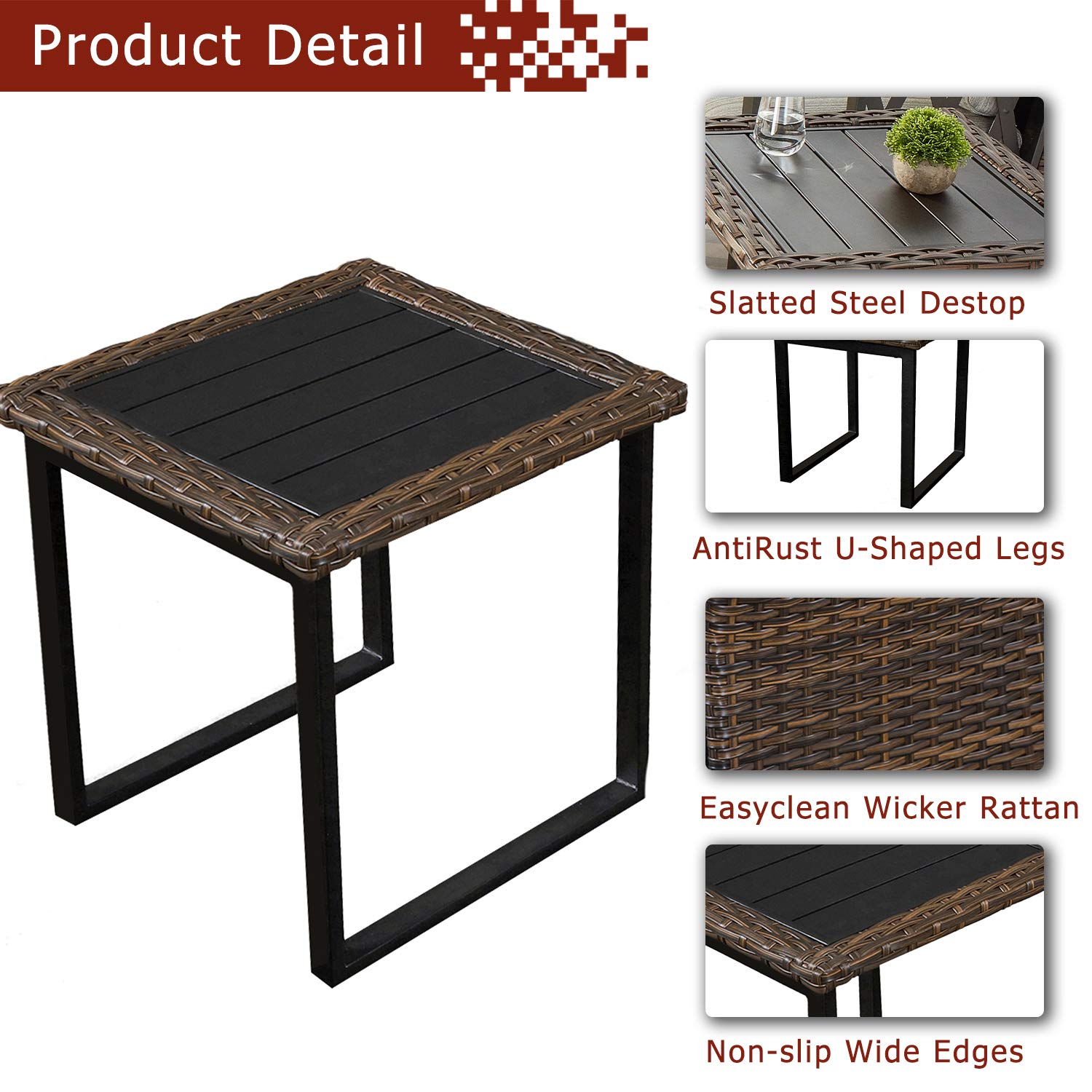 Festival Depot 22” Patio Side Table Metal Bistro Table with Wicker Edge and Slatted Steel Top All Weather Outdoor Furniture for Porch Deck (Square)