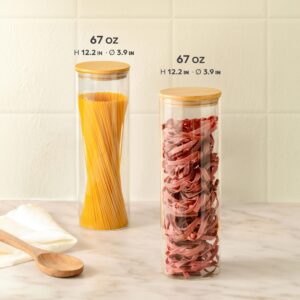 Praknu Pasta Containers Storage Jars 67oz - 2 Food Glass Jars with Bamboo Lids - Airtight Glass Spaghetti Container - Tall Glass Jar