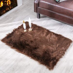 carvapet fluffy shaggy soft faux sheepskin fur area rugs floor mat chair sofa cover beside carpet for bedroom living room, 2ft x 3ft, brown