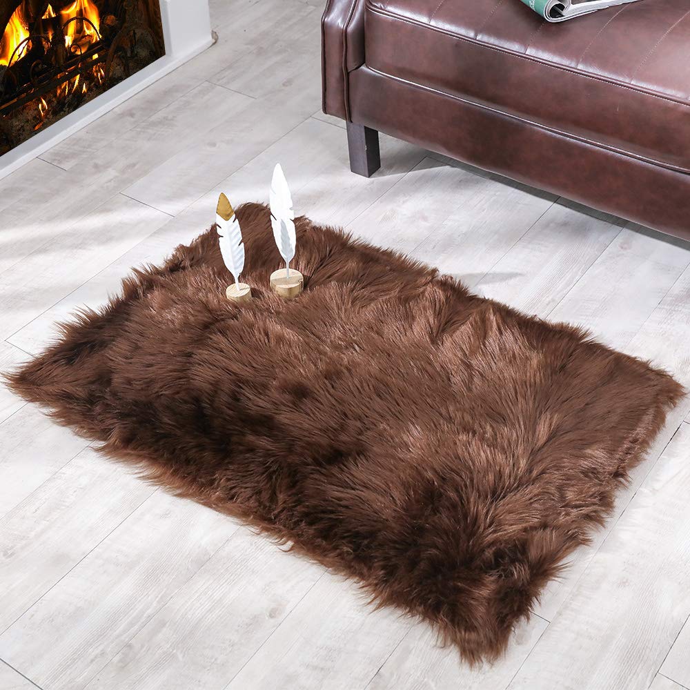 Carvapet Fluffy Shaggy Soft Faux Sheepskin Fur Area Rugs Floor Mat Chair Sofa Cover Beside Carpet for Bedroom Living Room, 2ft x 3ft, Brown