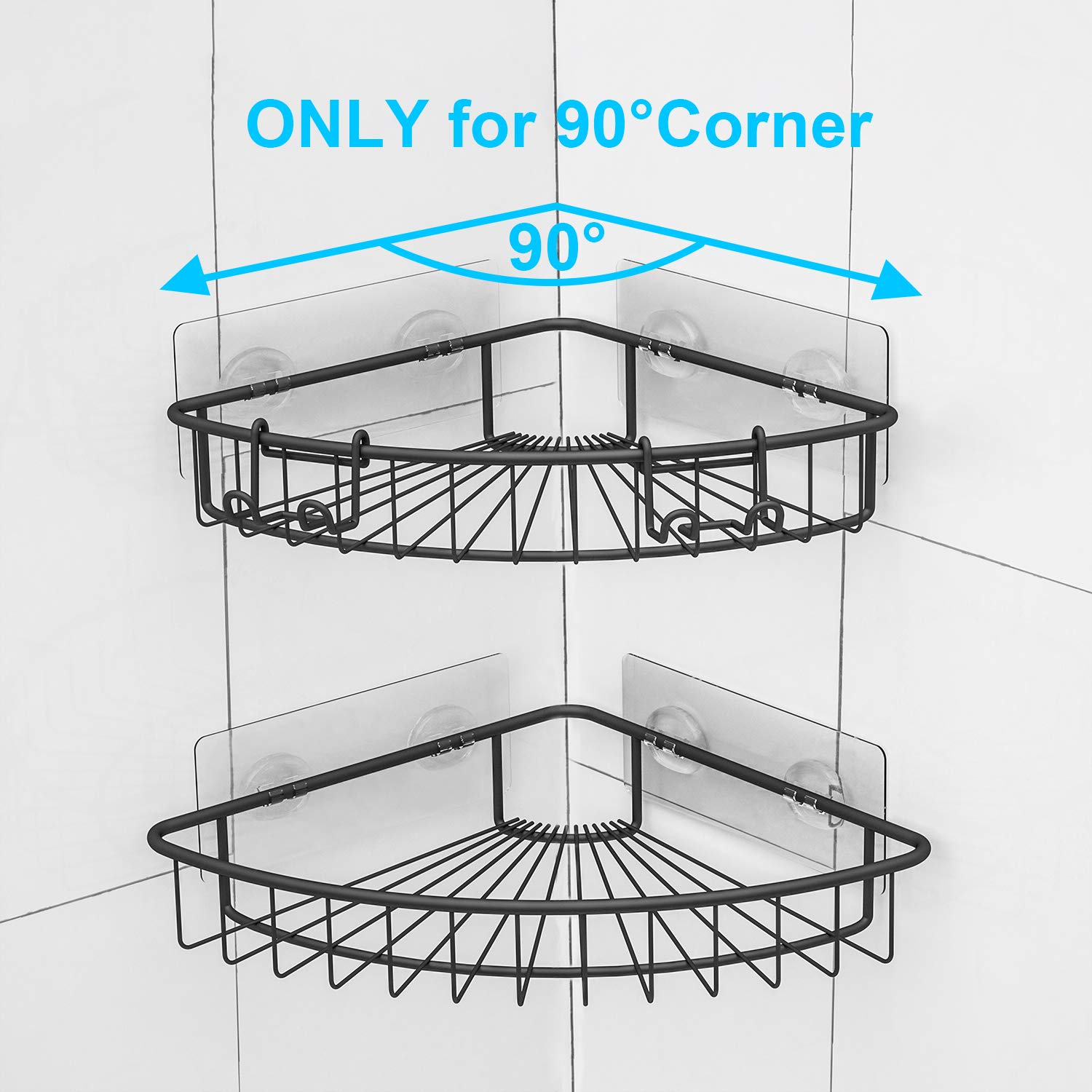 SMARTAKE 2-Pack Corner Shower Caddy, Stainless Steel Adhesive Bathroom Shelf with Removable Hooks, Wall Mounted Storage Organizer Racks for Shower, Kitchen, Toilet and Dorm, Black