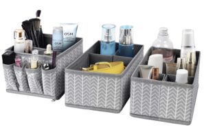 veronly cosmetic storage bins makeup organizer, adjustable multifunction storage box desk drawer divider for makeup brushes, bathroom countertop or dresser, set of 3 (grey)