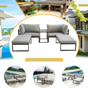 LOKATSE HOME Patio Furniture Conversation Metal Sofa Sunroom Indoor Chaise Lounge Cushioned Chairs with Ottoman Table, 5 Piece Set, Grey