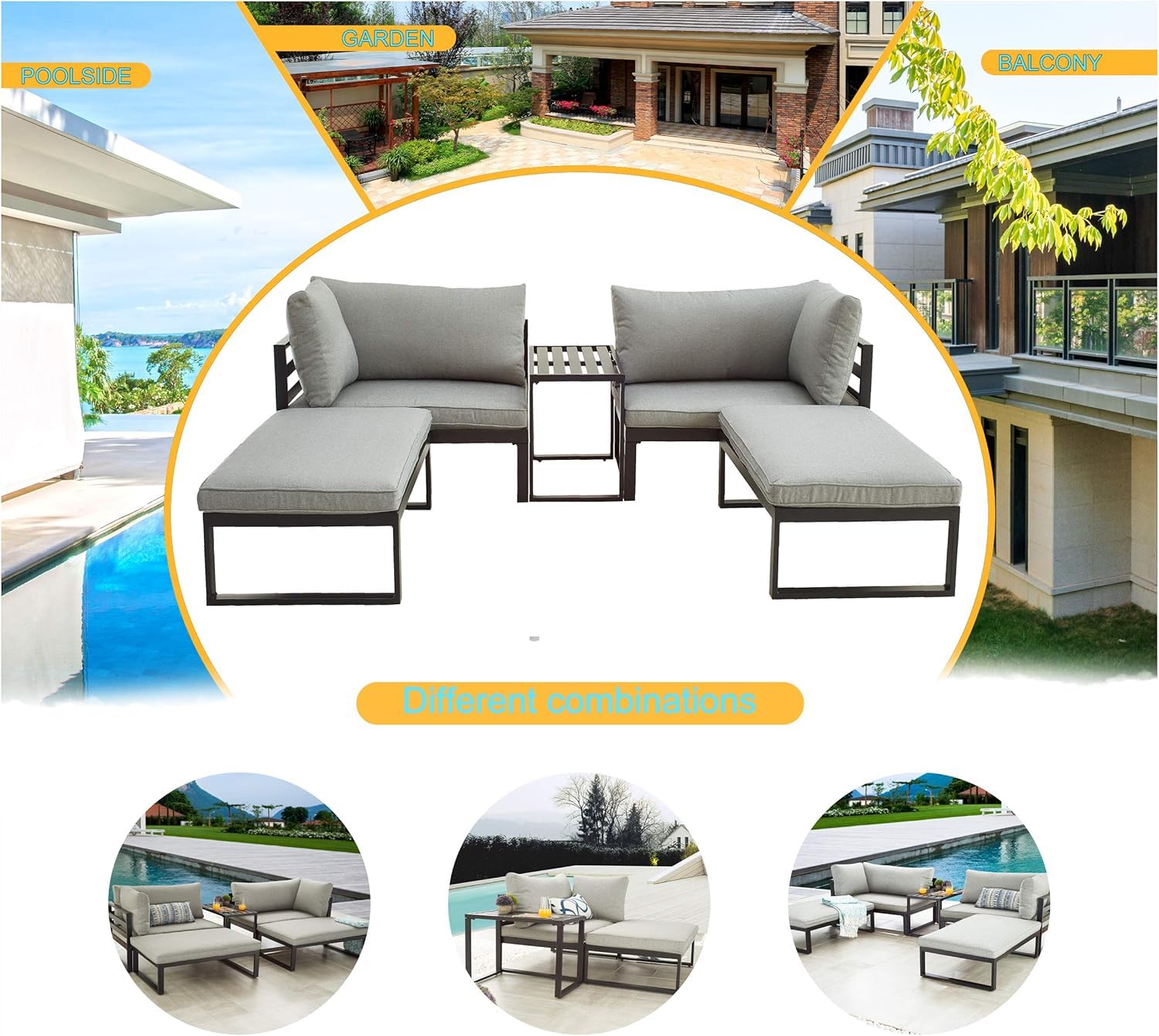 LOKATSE HOME Patio Furniture Conversation Metal Sofa Sunroom Indoor Chaise Lounge Cushioned Chairs with Ottoman Table, 5 Piece Set, Grey