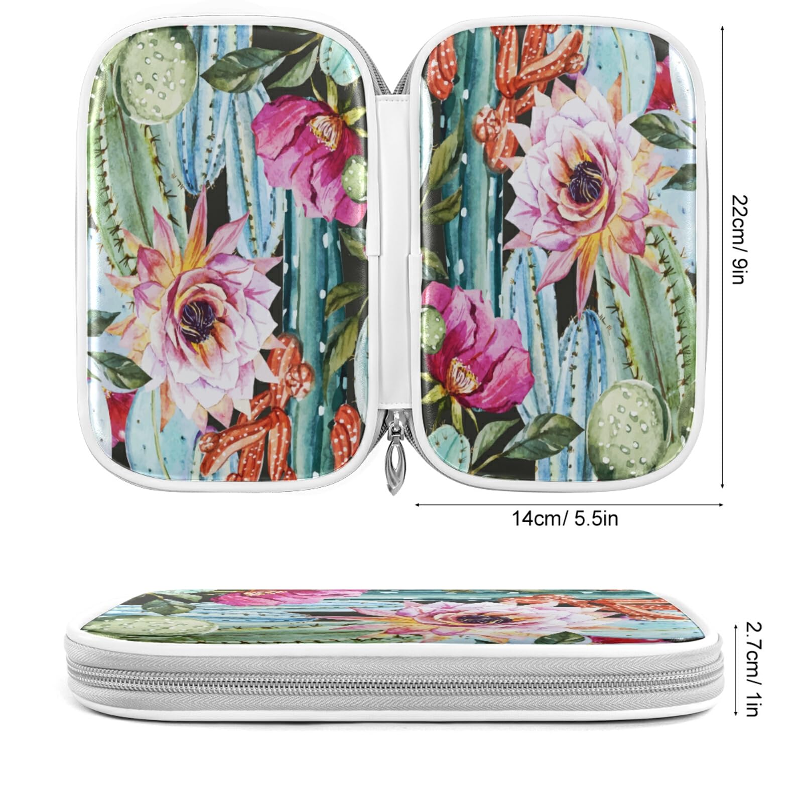 ZZKKO Flower Cactus Succulents Pencil Bag Case Zipper Pencil Holder Organizer Stationary Pen Bag Cosmetic Makeup Bag Pouch Purse for School Office Supplies