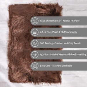 Carvapet Fluffy Shaggy Soft Faux Sheepskin Fur Area Rugs Floor Mat Chair Sofa Cover Beside Carpet for Bedroom Living Room, 2ft x 3ft, Brown