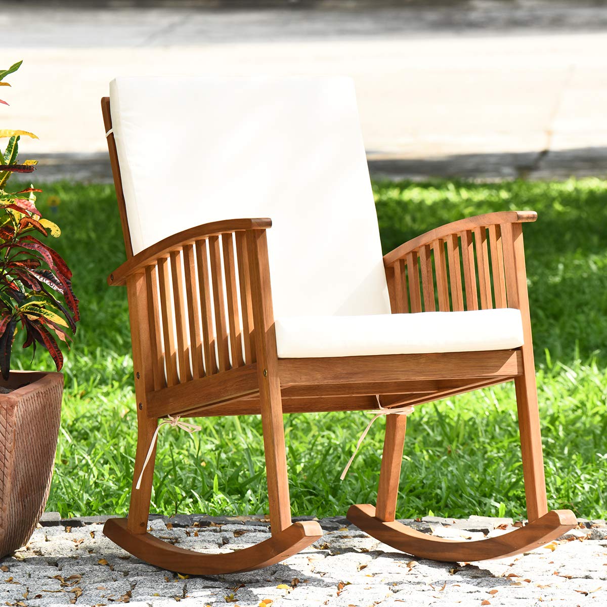 Tangkula 2 PCS Outdoor Acacia Wood Rocking Chair, Wooden Rocker w/Detachable Washable Cushions, Rocker for Porch Garden Patio Balcony Pool Indoor (2, Teak)