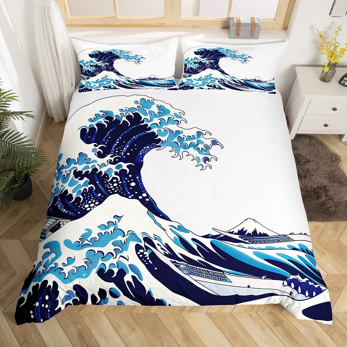 Erosebridal Sea Wave Duvet Cover Japanese Wave Comforter Cover Ocean Nautical Surf Bedding Japanese Ukiyoe Print Bedspread Cover, Soft Microfiber 1 Duvet Cover with 1 Pillow Case Twin Size