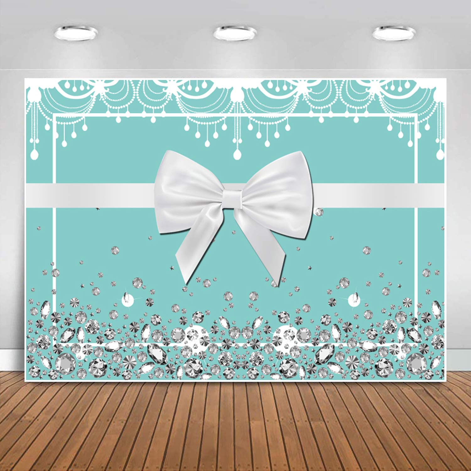 Sensfun Breakfast Blue Sweet 16 Birthday Backdrop Diamonds Bowknot Bridal Breakfast Party Photography Background for Women Girl Teal Turquoise Birthday Baby Shower Decorations Photo Booth Banner 7x5ft