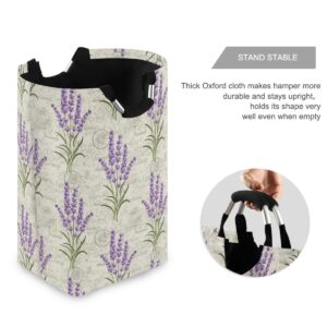 Retro Lavender Stamp Large Laundry Basket Spring Summer Flowers Collapsible Laundry Hamper with Handles Waterproof Clothes Washing Bin Dirty Baskets Storage for Home College Dorm Bathroom 50L