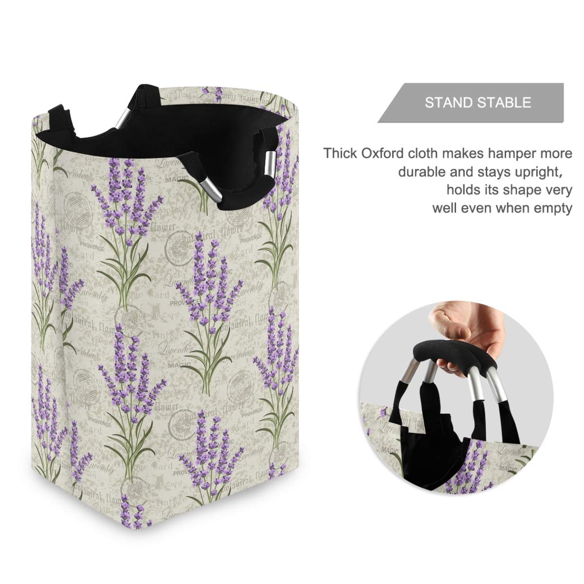 Retro Lavender Stamp Large Laundry Basket Spring Summer Flowers Collapsible Laundry Hamper with Handles Waterproof Clothes Washing Bin Dirty Baskets Storage for Home College Dorm Bathroom 50L