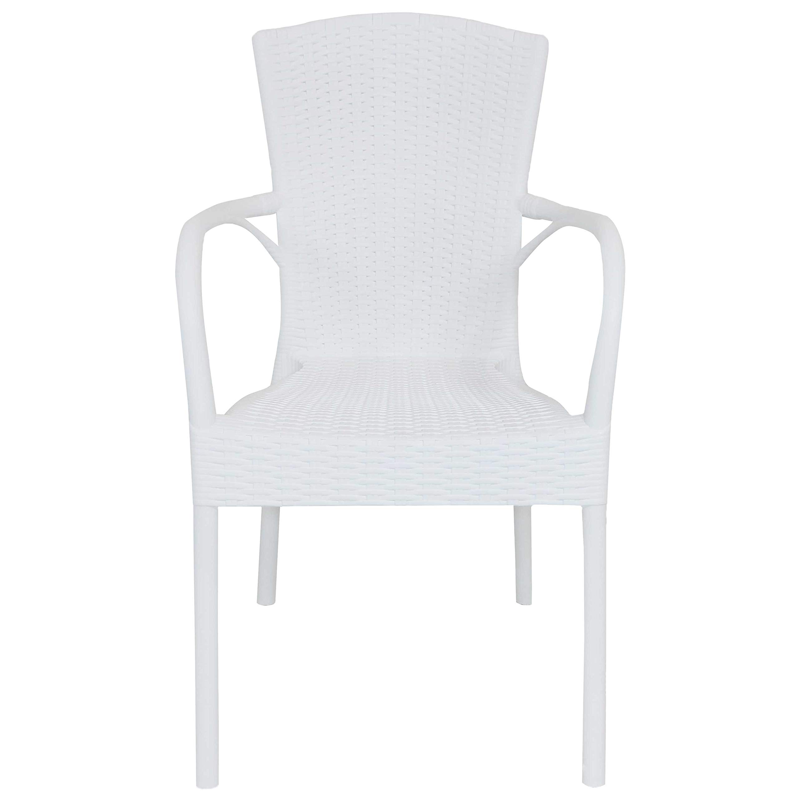 Sunnydaze Segesta All-Weather Plastic Outdoor Dining Chair - Commercial Grade Faux Wicker Design Armchair - Lawn and Garden Chair - Indoor/Outdoor Use - White - 2 Chairs