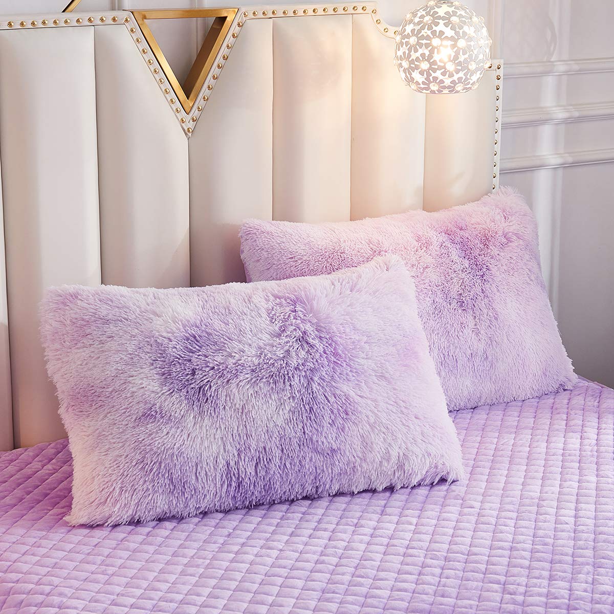 JAUXIO Luxury Abstract Faux Fur Bedding Set Tie Dye Printed Shaggy Duvet Cover with Pillow Shams Soft Crystal Velvet Reverse (Queen, Lilac)