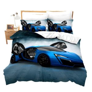 sports car print bedding set blue luxury car pattern extreme sports theme comforter cover for kids boys girls teens soft modern microfiber duvet cover decor 3pcs bedclothes with 2 pillowcase full size