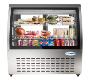 koolmore 47" deli case and meat display stainless-steel refrigerator for commercial use, multi-tiered shelves, curved glass front, led lighting and rolling caster wheels - 18 cu.ft, rd18c-ss