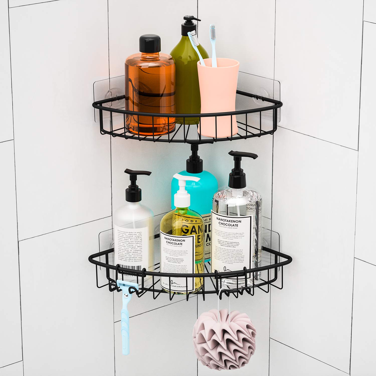 SMARTAKE 2-Pack Corner Shower Caddy, Stainless Steel Adhesive Bathroom Shelf with Removable Hooks, Wall Mounted Storage Organizer Racks for Shower, Kitchen, Toilet and Dorm, Black