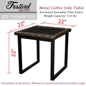 Festival Depot 22” Patio Side Table Metal Bistro Table with Wicker Edge and Slatted Steel Top All Weather Outdoor Furniture for Porch Deck (Square)