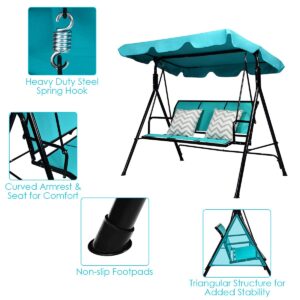 TANGKULA 3 Person Patio Swing, Steel Frame with Polyester Angle Adjustable Canopy, All Weather Resistant Swing Bench, Suitable for Patio, Garden, Poolside, Balcony (Turquoise)