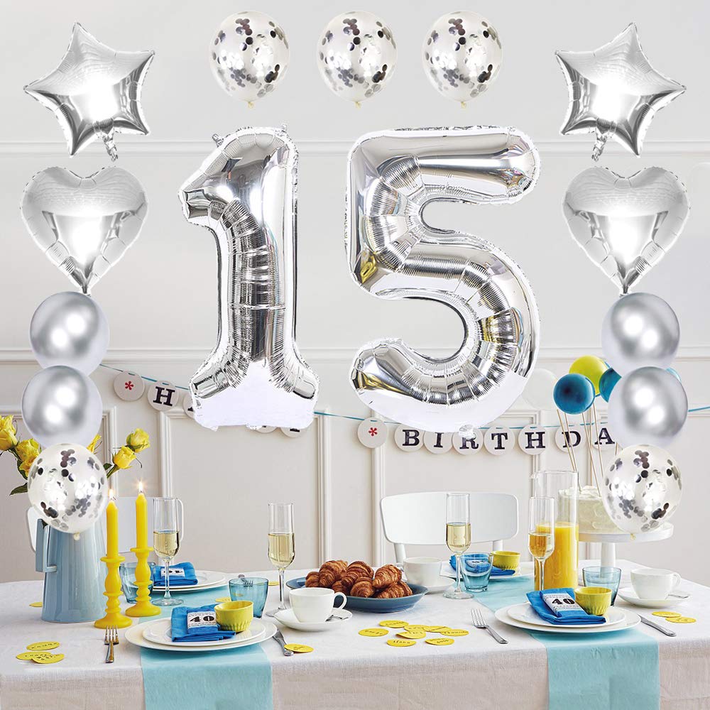 Ceqiny 40" 15th Number Balloon Mylar Balloon 18” Star Heart Foil Balloon 12” Sequins Latex Balloon for Birthday Party Wedding Bridal Shower Photo Shoot Anniversary Decor, Silver 15 Balloon Kit