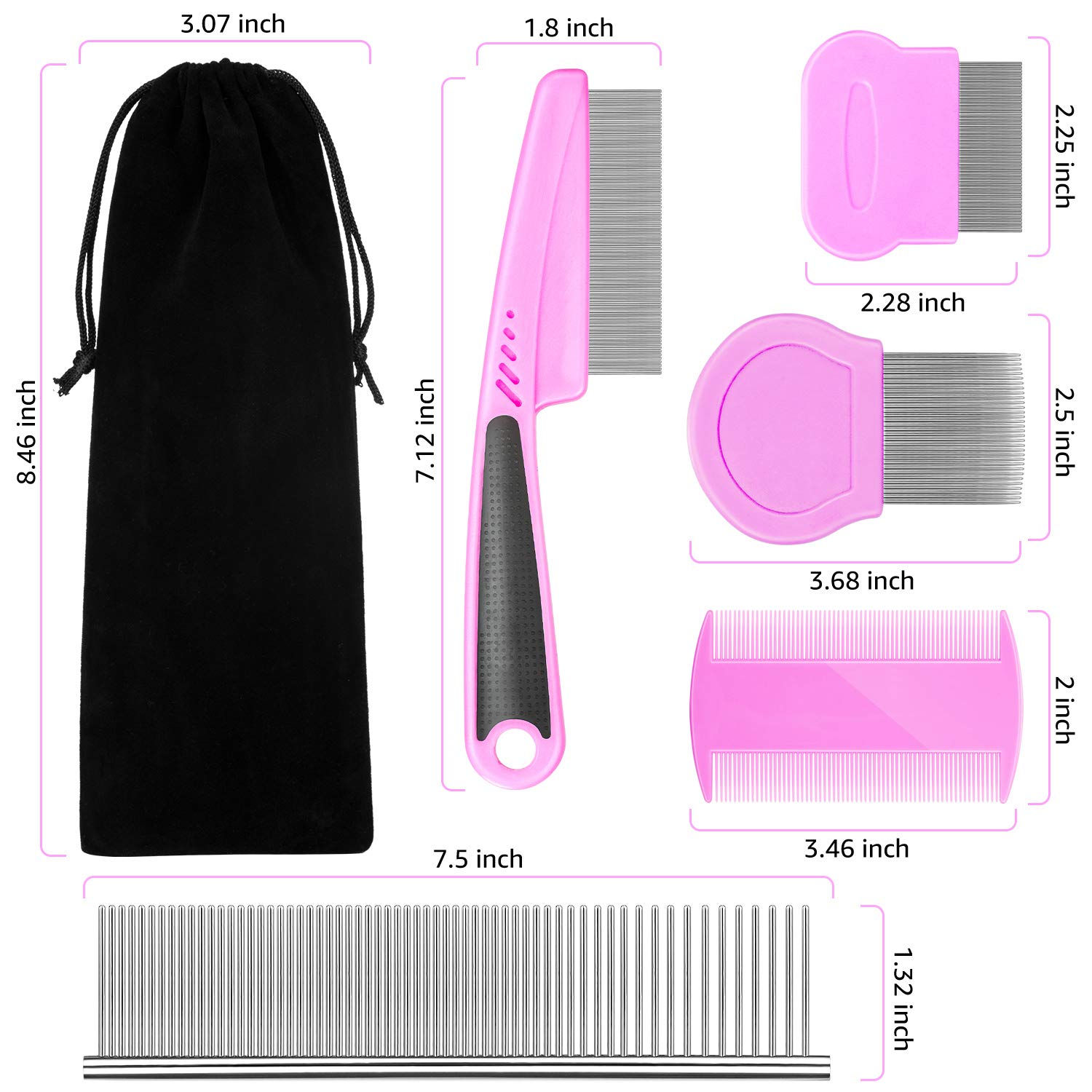 Flea Comb For Dogs Cat Comb Lice Comb Metal Tear Stain Dog Combs Pet Comb Grooming Set 5 Pieces By BENSEAO Teeth Durable Remove Float Hair Combing tangled hair Dandruff Add Storage Pouch (pink)