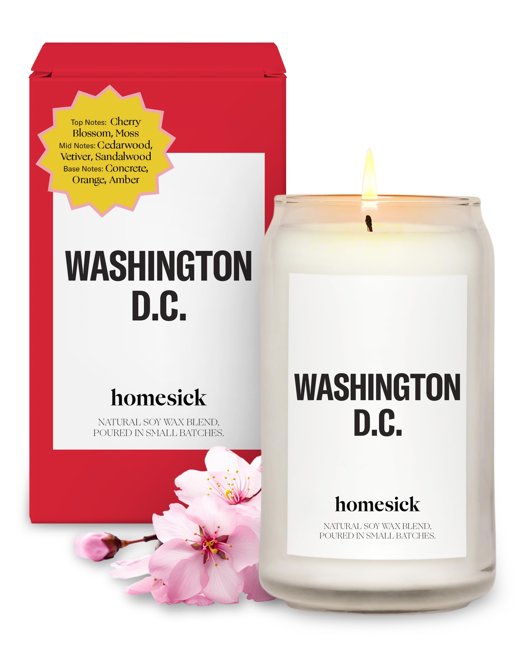 Homesick Scented Candles for Home (Washington D.C.) - 13.75 oz Long-Lasting Soy Wax Jar Candle for Women & Men for All Occasions, 60-80 Hours Burn Time - Notes of Cherry Blossom & Moss